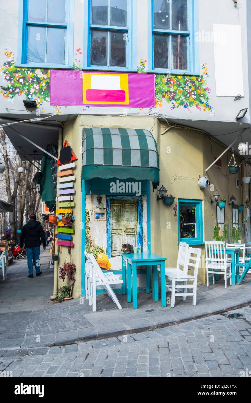 Street top cafeteria chair table on the street. Exterior of a cafe in ...