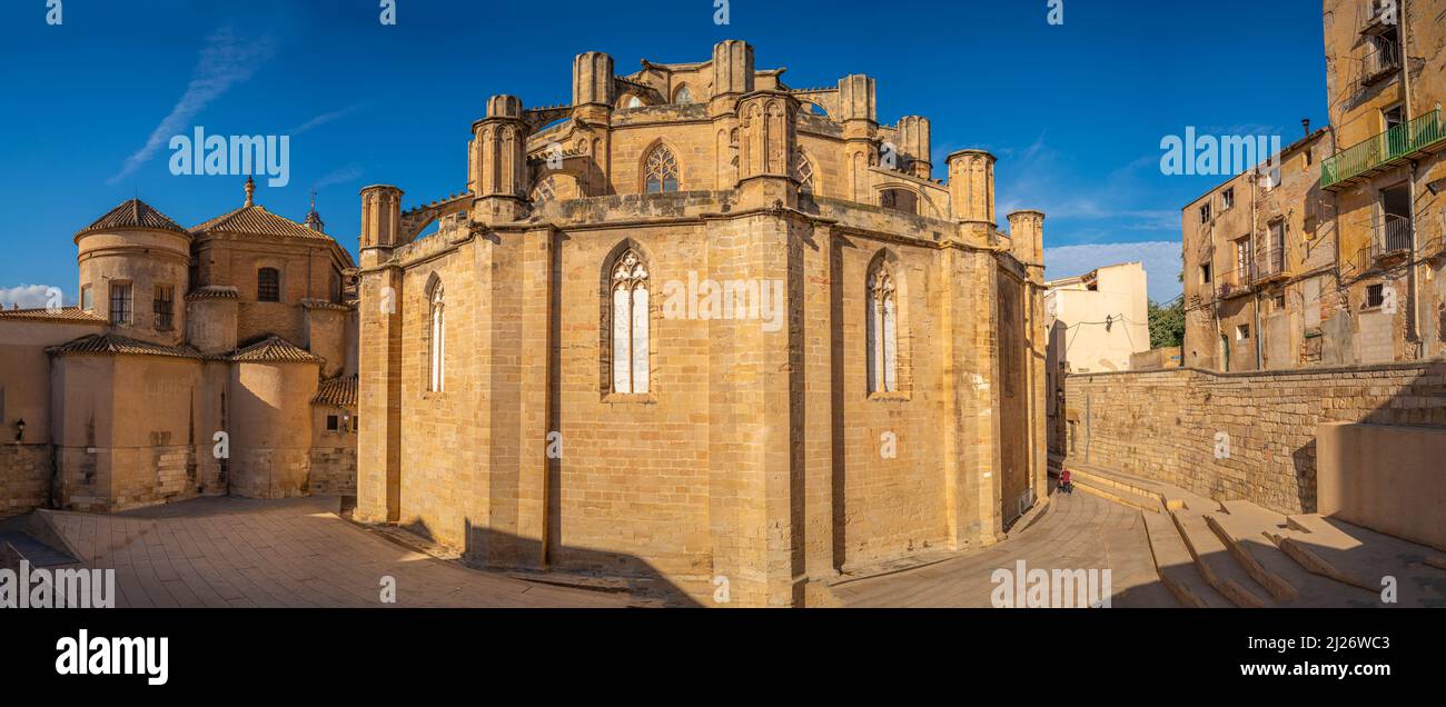 The Tortosa Cathedral in Catalonia, Tarragona, Spain, background blue ...