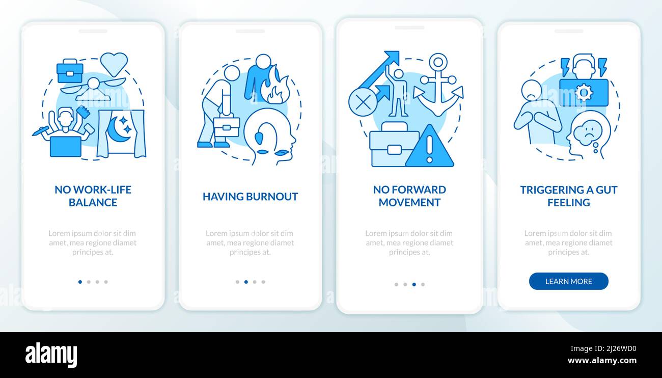 Toxic work environment signs blue onboarding mobile app screen Stock ...