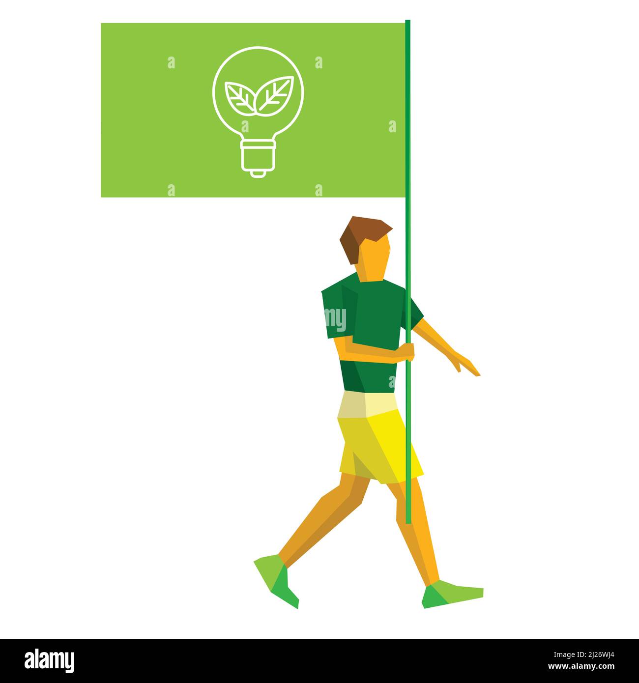 Flag bearer in green and yellow holding standard with green energy sign ...