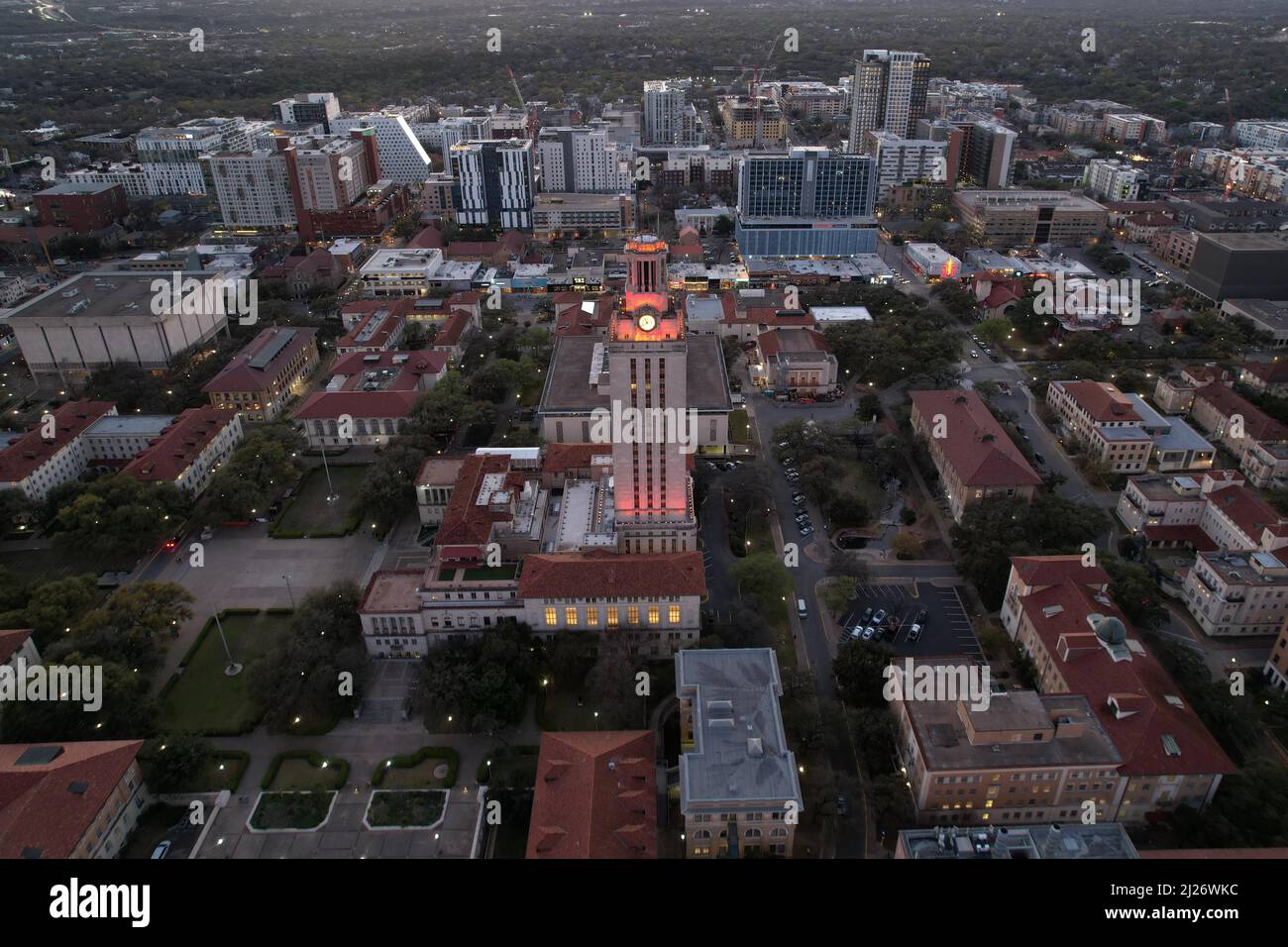 The UT Tower and Main Building on the University of Texas campus is ...