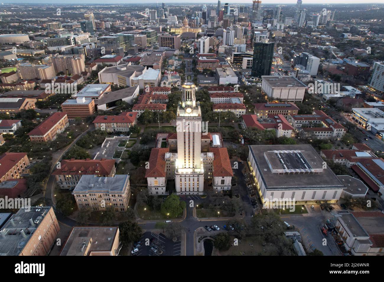The UT Tower and Main Building on the University of Texas campus ...