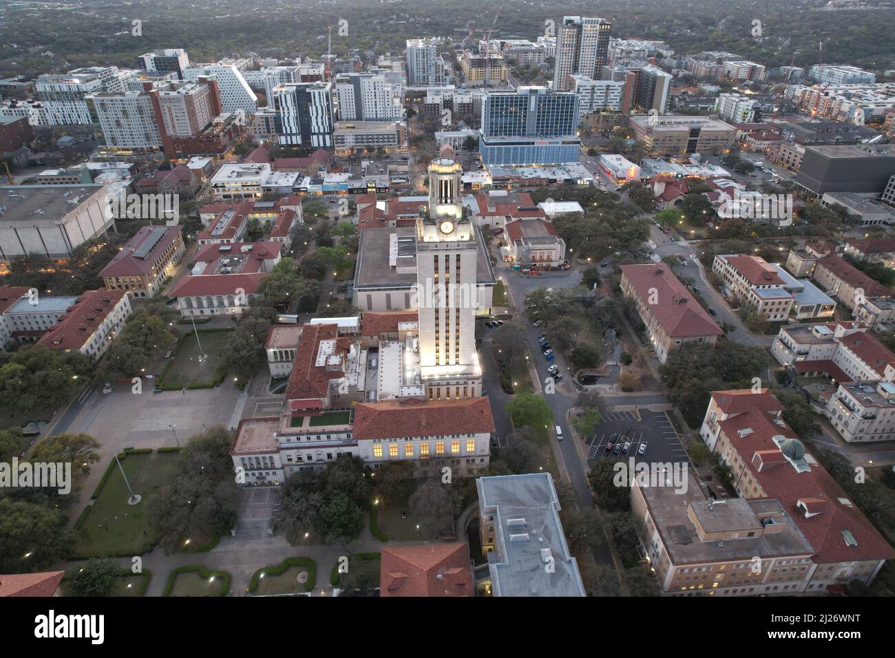 The UT Tower and Main Building on the University of Texas campus ...