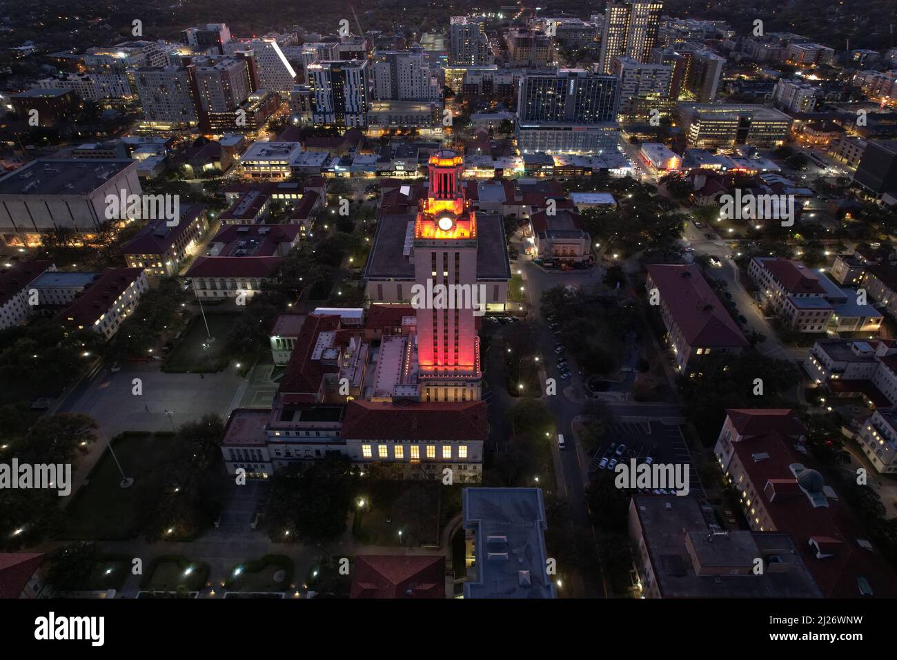The UT Tower and Main Building on the University of Texas campus is ...