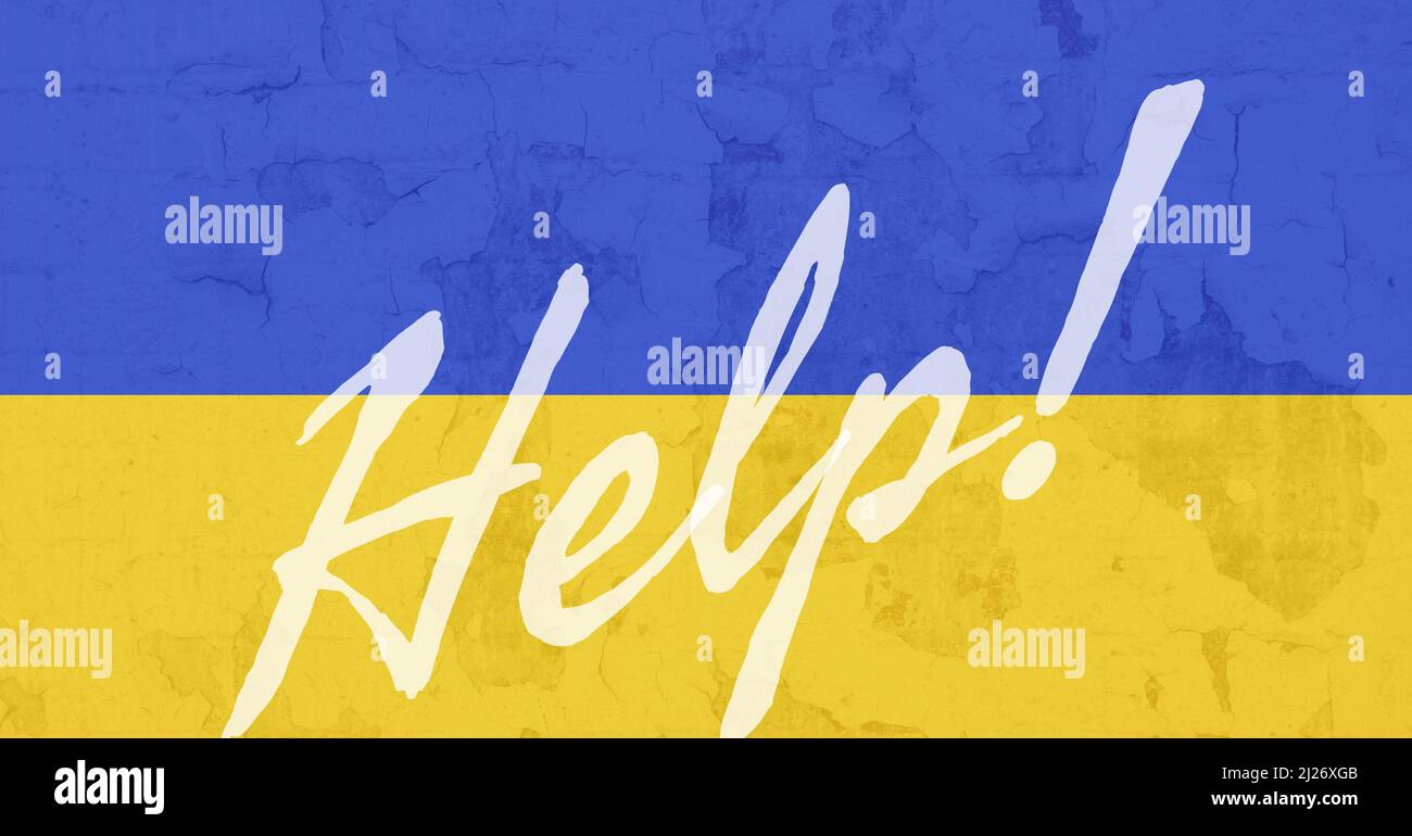 Digitally generated image of help text banner against ukrainian flag ...
