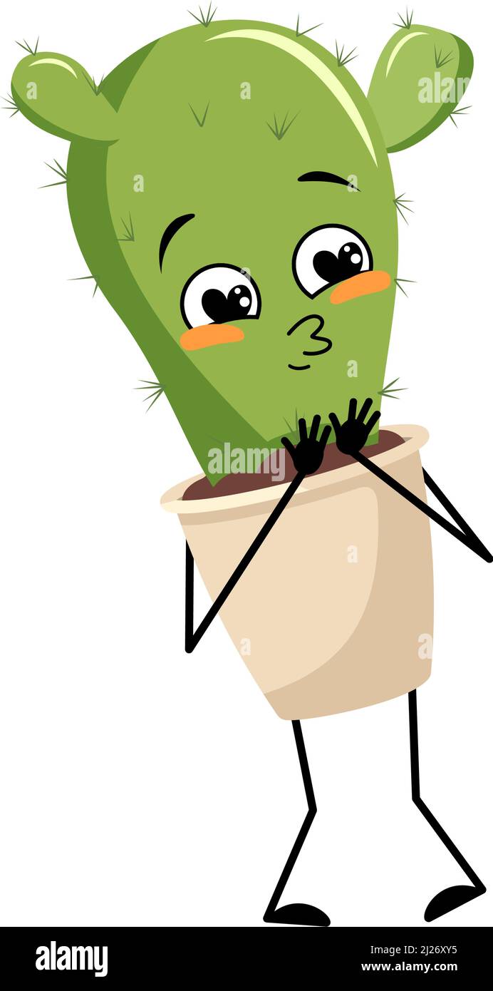 Cute cactus in pot character with love emotions, happy face, smile ...