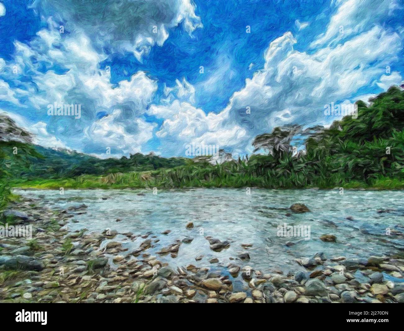 Watercolor and pastel drawing nature landscape, tropical travel and ...