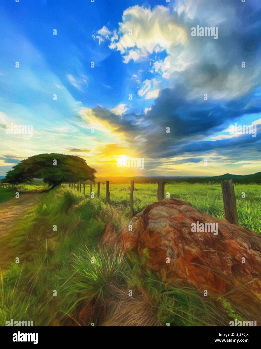 Watercolor and pastel drawing nature landscape, tropical travel and ...