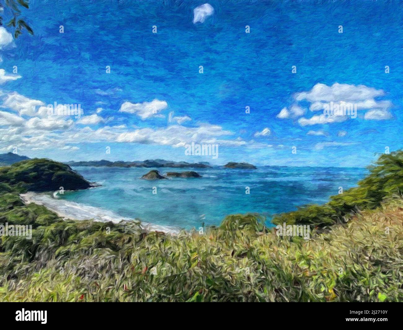 Watercolor and pastel drawing nature landscape, tropical travel and ...