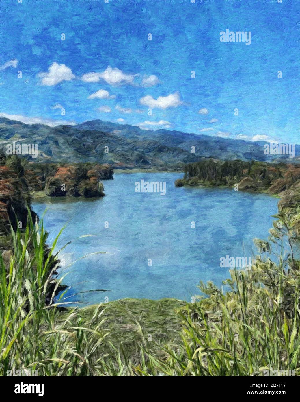Watercolor and pastel drawing nature landscape, tropical travel and ...
