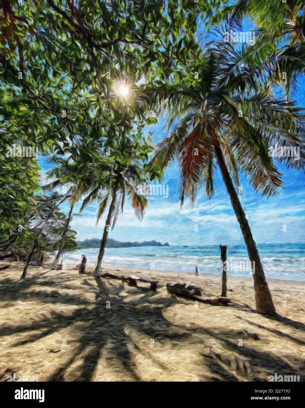 Watercolor and pastel drawing nature landscape, tropical travel and ...