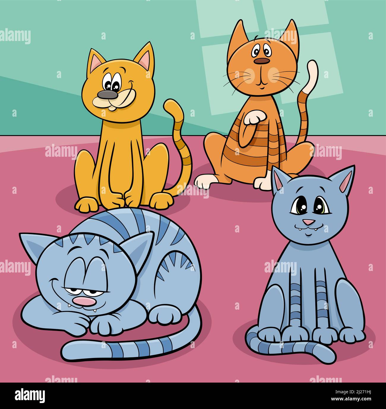 Cartoon illustration of funny cats comic animal characters at home ...