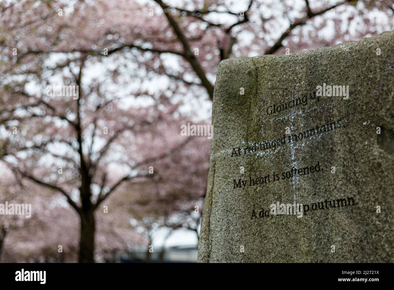 Portland, USA. 28th Mar, 2022. Massive rock installations hold haiku ...