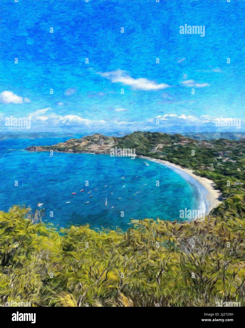 Watercolor and pastel drawing nature landscape, tropical travel and ...