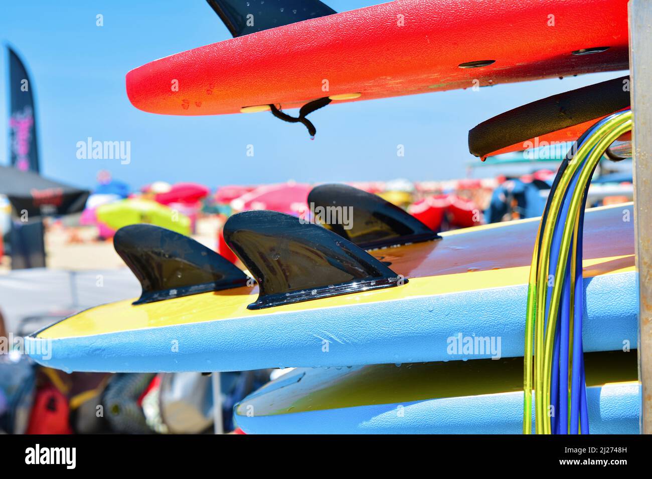 Details of the surfboard on the beach. Set of different color surf ...