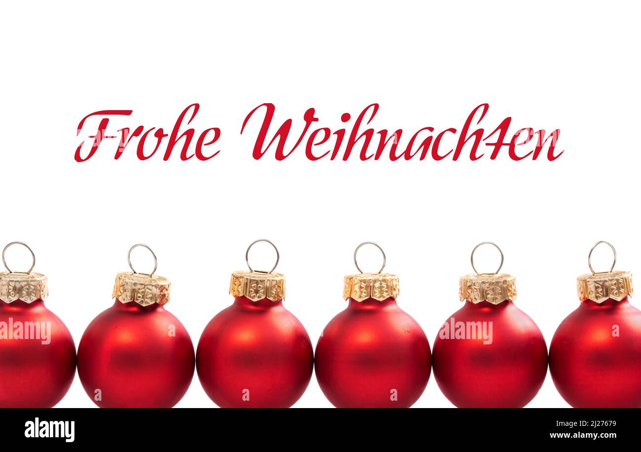 a photo of red christmas balls with german text Frohe Weihnachten Stock ...