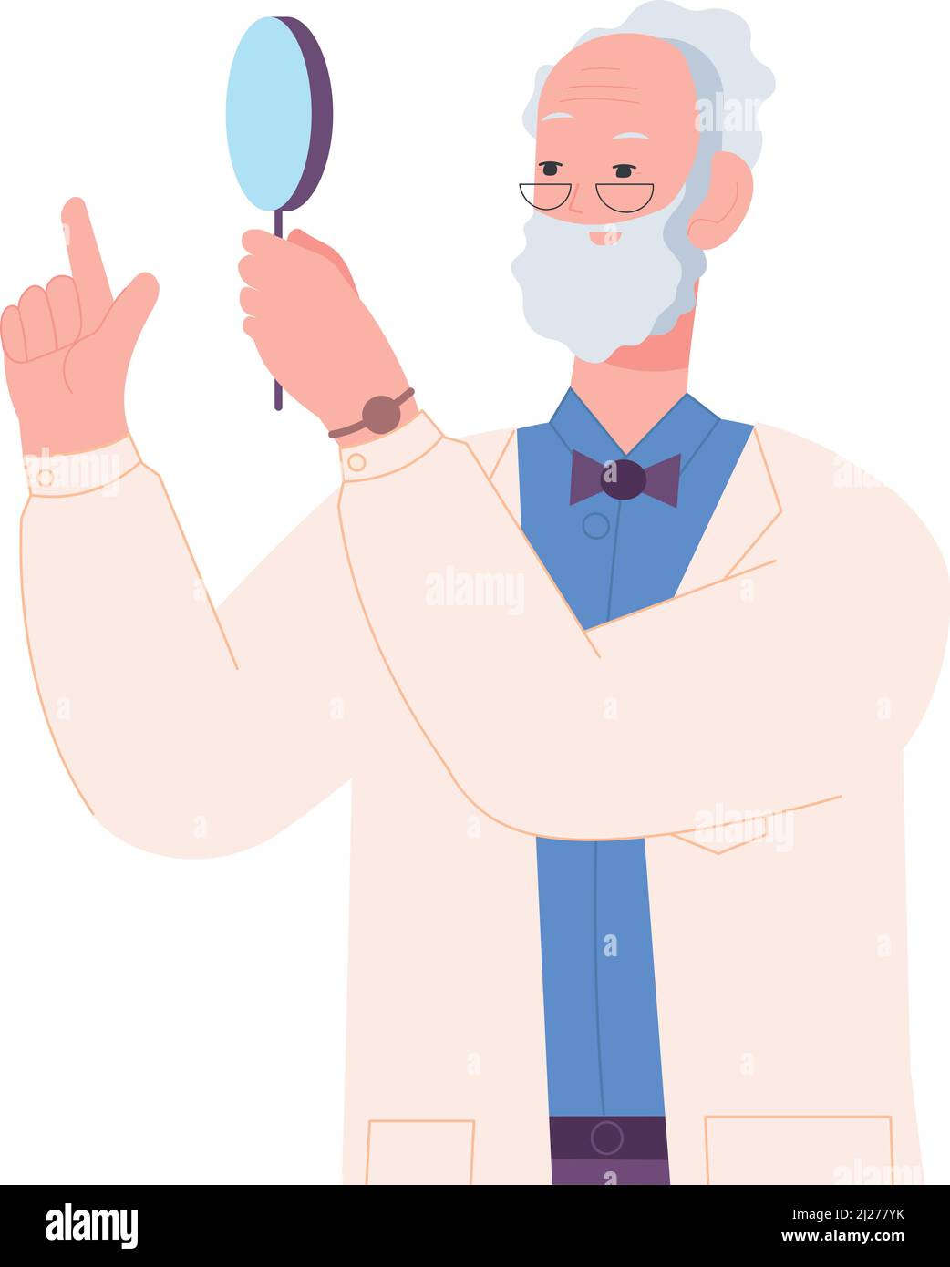 Old bearded man with magnifying glass. Science professor character ...