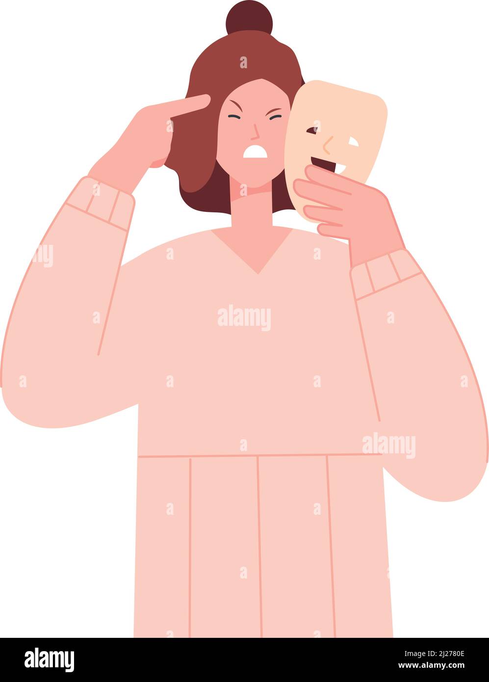 Angry woman in smiling mask. Hypocrisy and fake positive isolated on ...