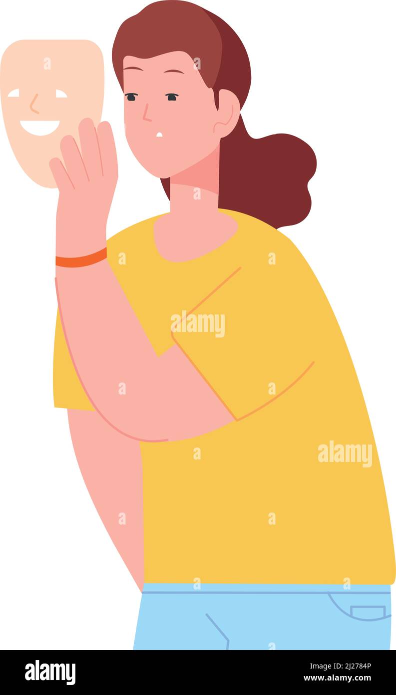 Woman showing fake face mask. Impostor concept isolated on white ...