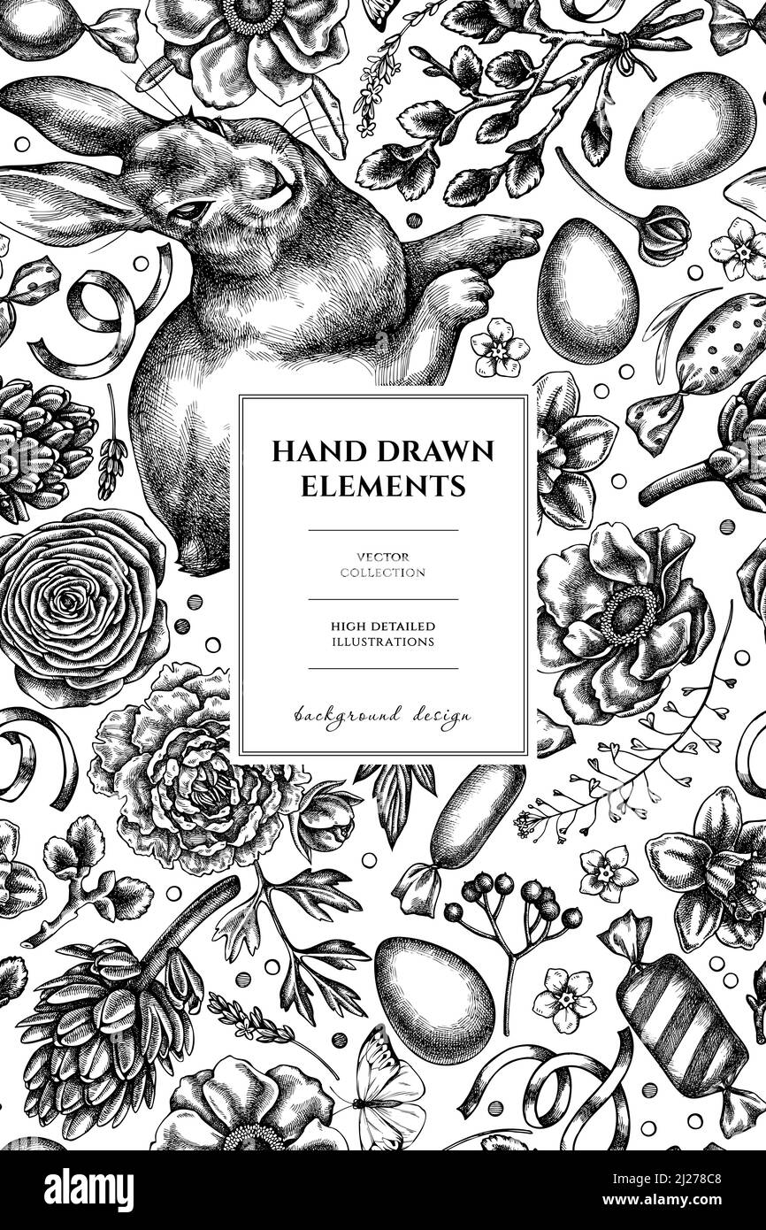 Easter pattern card design. Hand drawn rabbit, eggs, willow branches ...