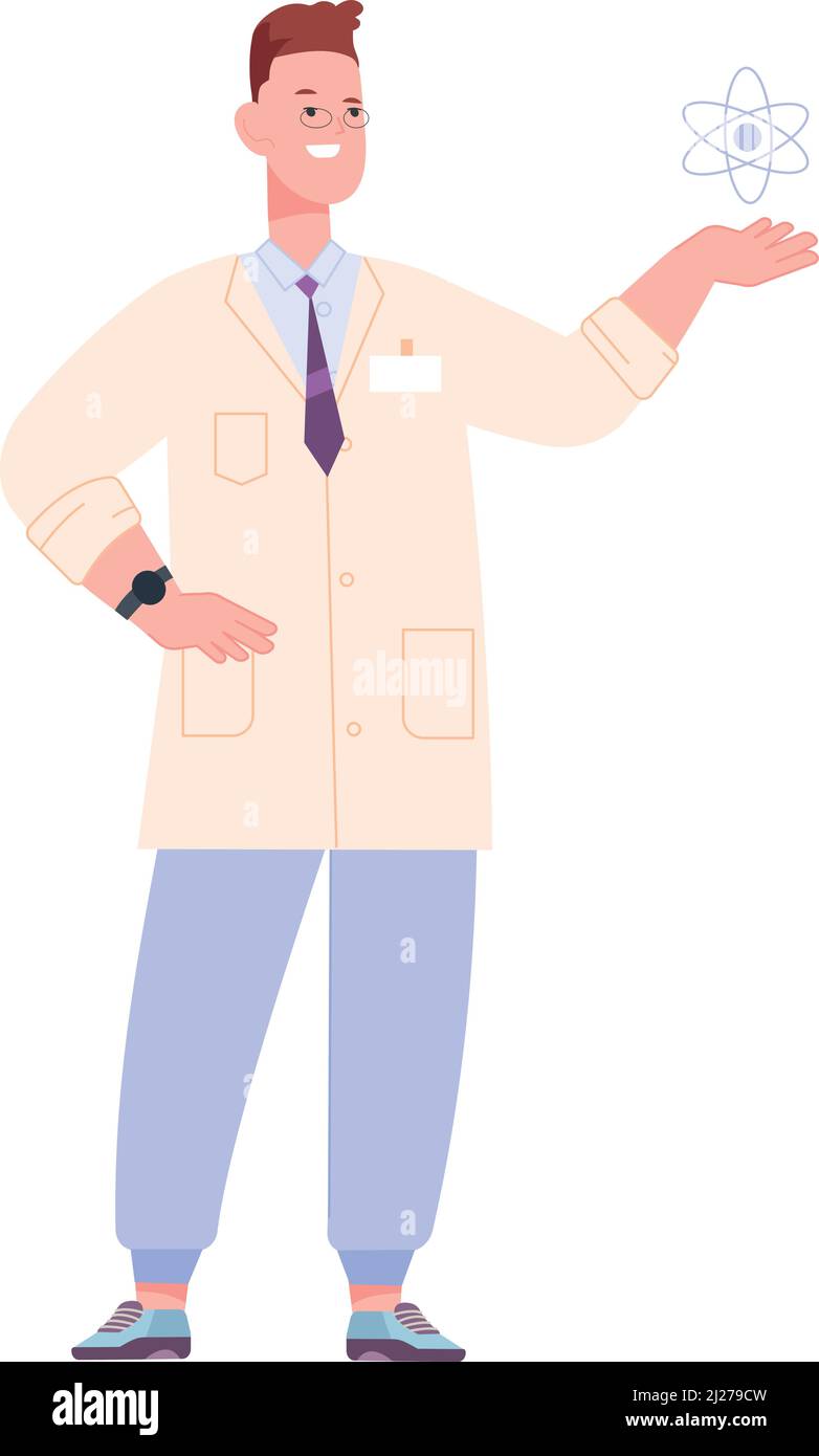 Scientist showing atomic model. Nuclear energy research isolated on ...