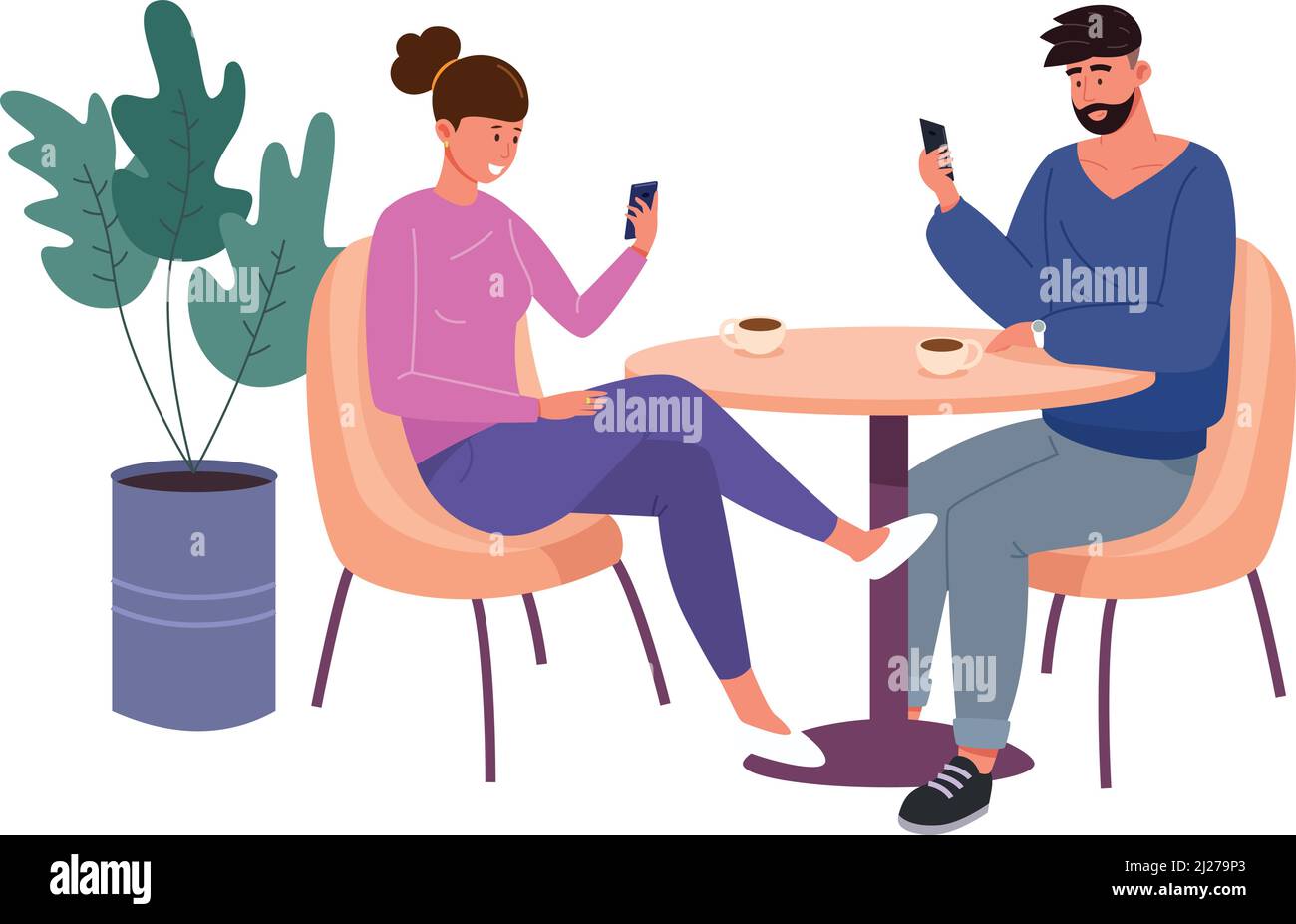 Man and woman eat dinner while using phone. Digital addiction isolated ...