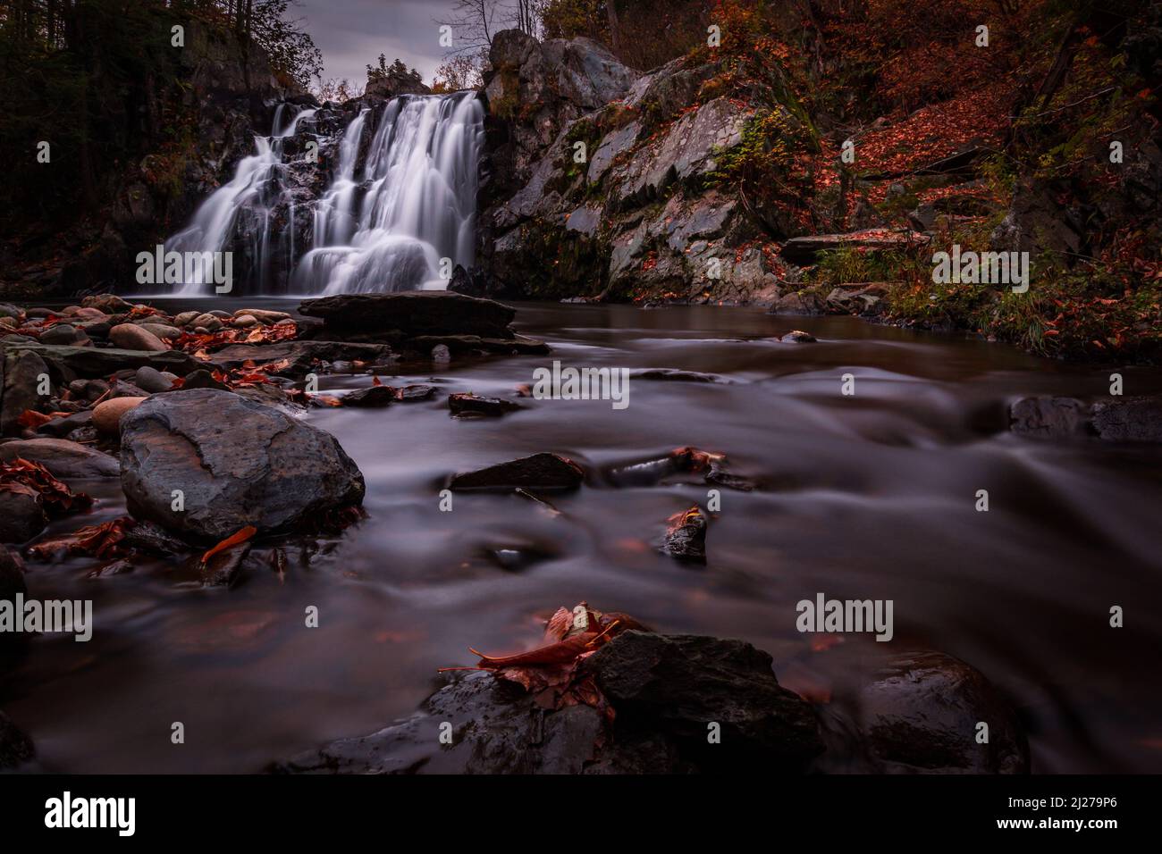 Waterfall on the Yamaska River is an autumn morning, in the province of ...