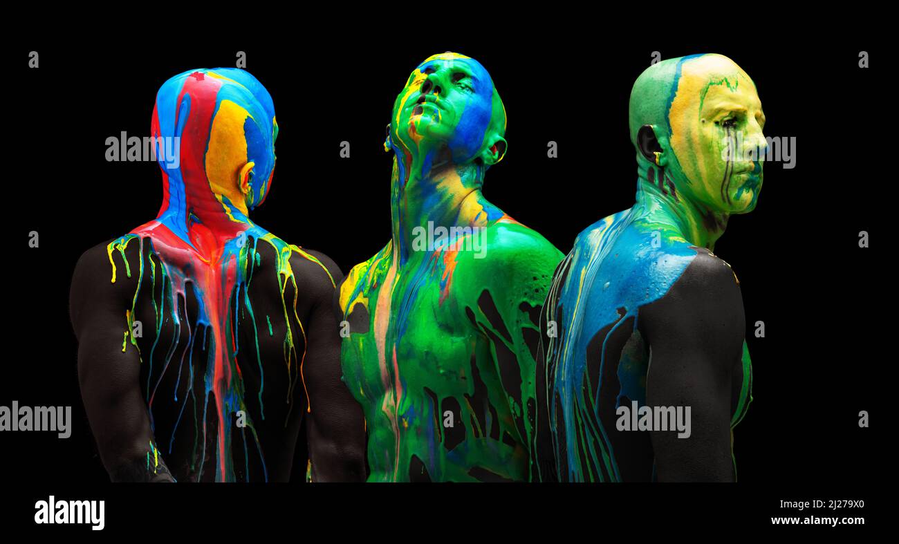 Colorful collage. Male body and face covered with multicolored paints ...