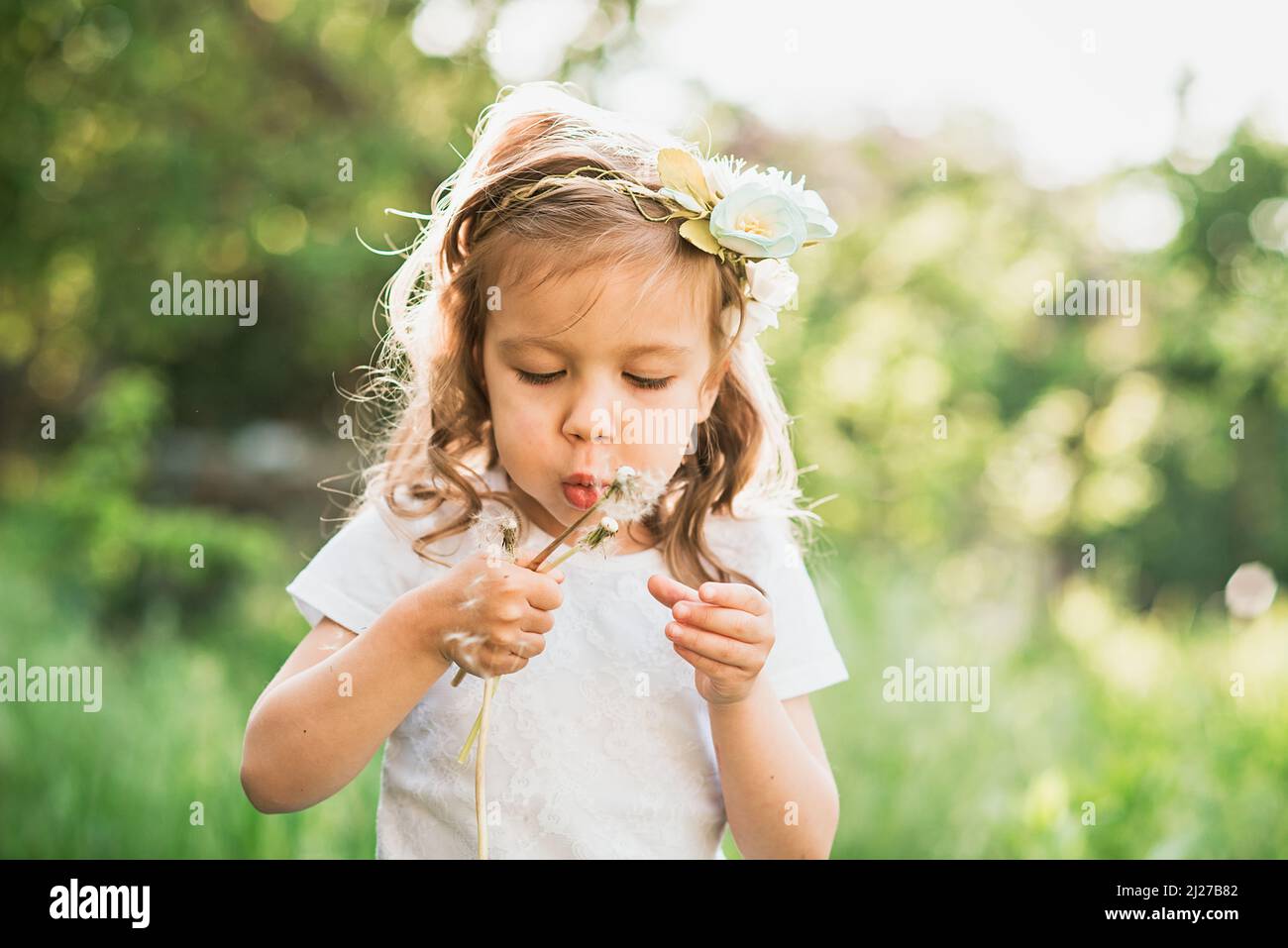 girl blowing dandelions flower selective focus. Dandelion wishing ...