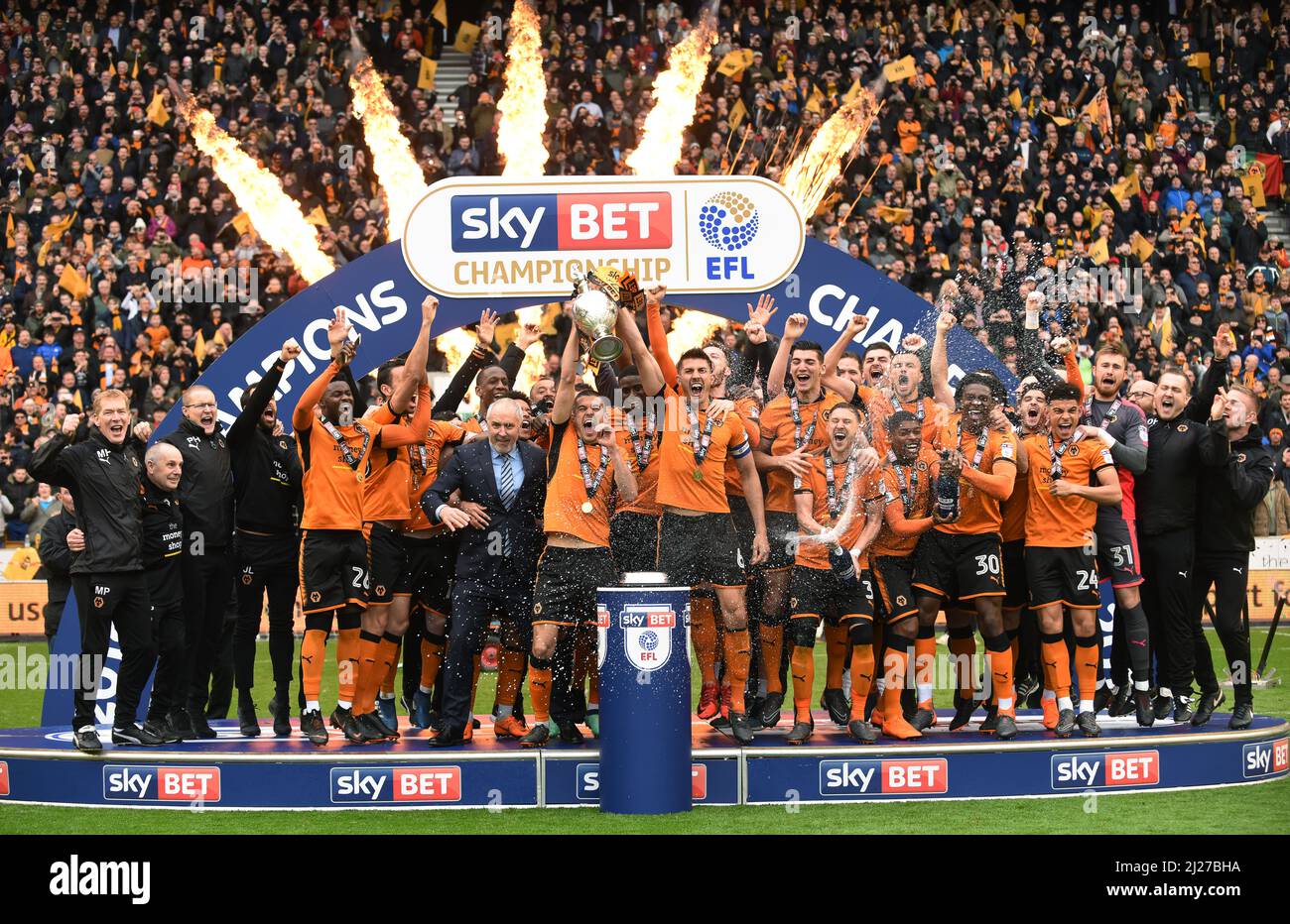 Wolves FC footballers celebrate winning the Championship. Wolverhampton ...
