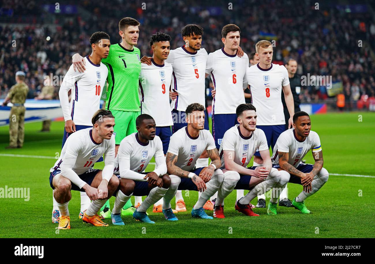 Back row, left to right, England's Jude Bellingham, Nick Pope, Ollie ...