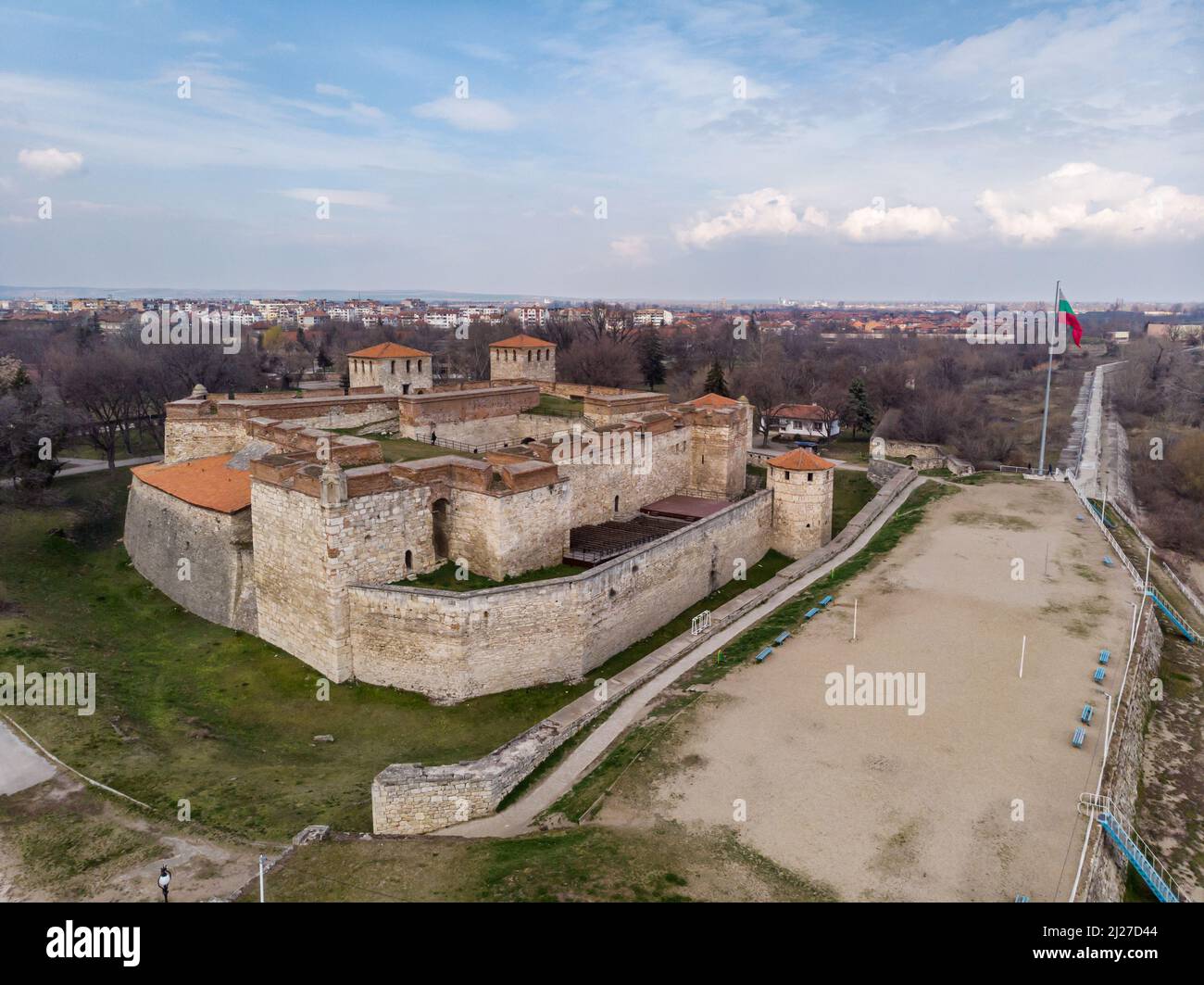 Aerial view of the preserved medieval fortress Baba Vida located on the ...