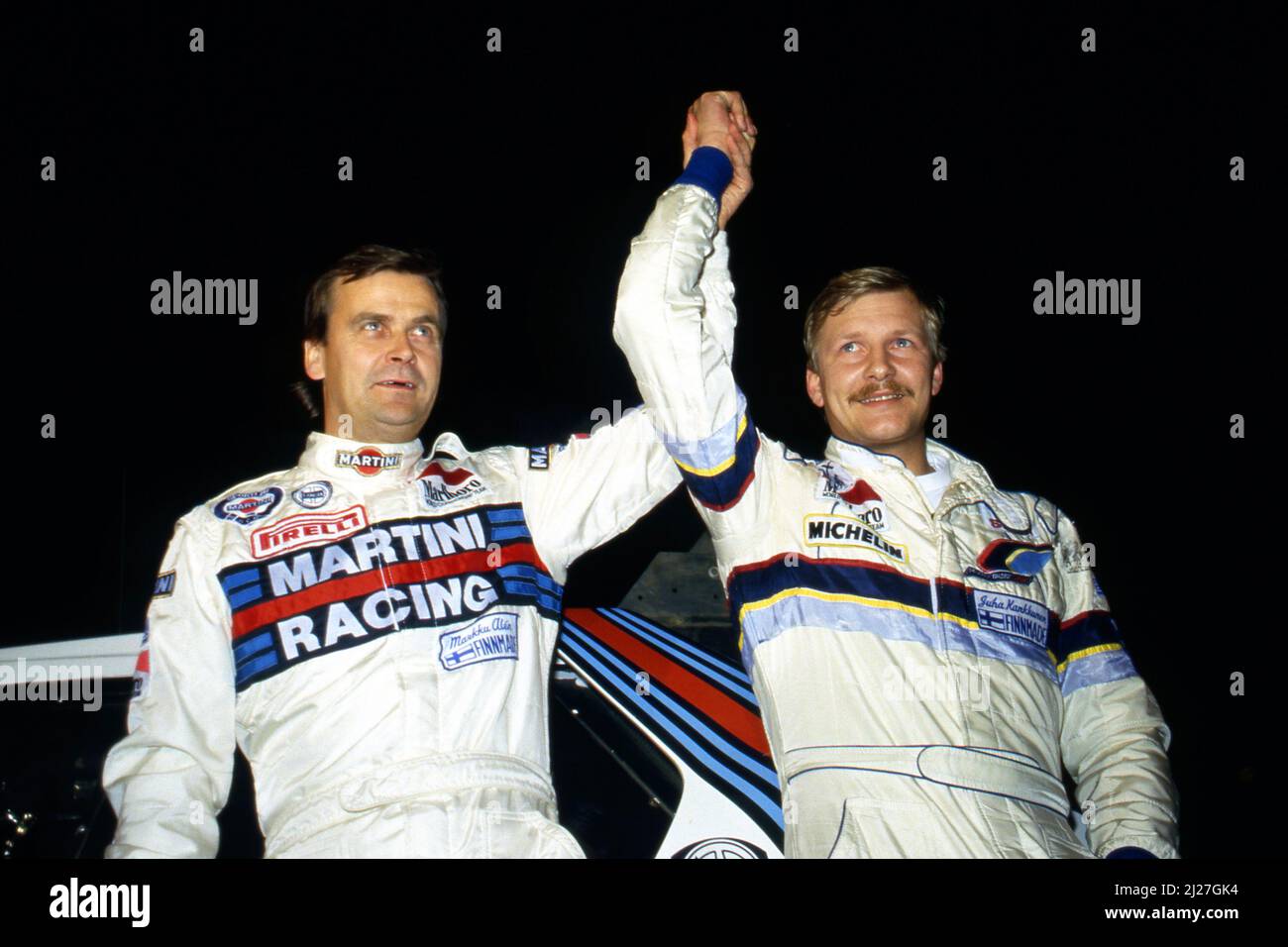 Markku Alen (FIN) Lancia 1st position and Juha Kankkunen (FIN) Peugeot ...