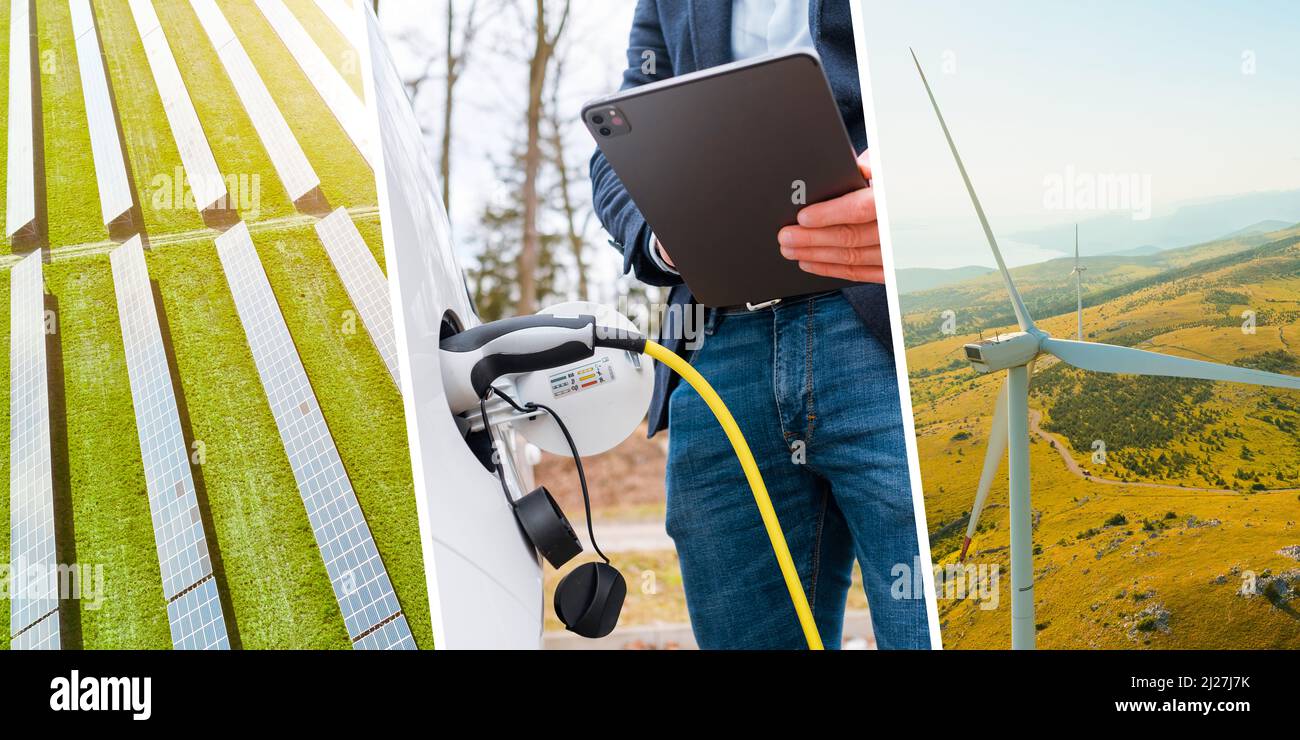 Renewable energy concept with wind mills, solar panel and electric car ...