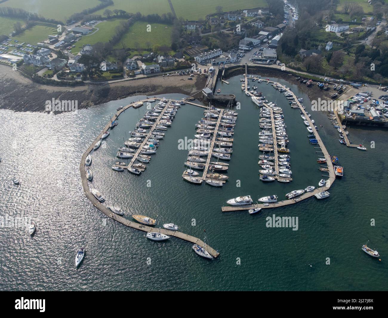 Mylor harbour cornwall england uk aerial drone Stock Photo - Alamy