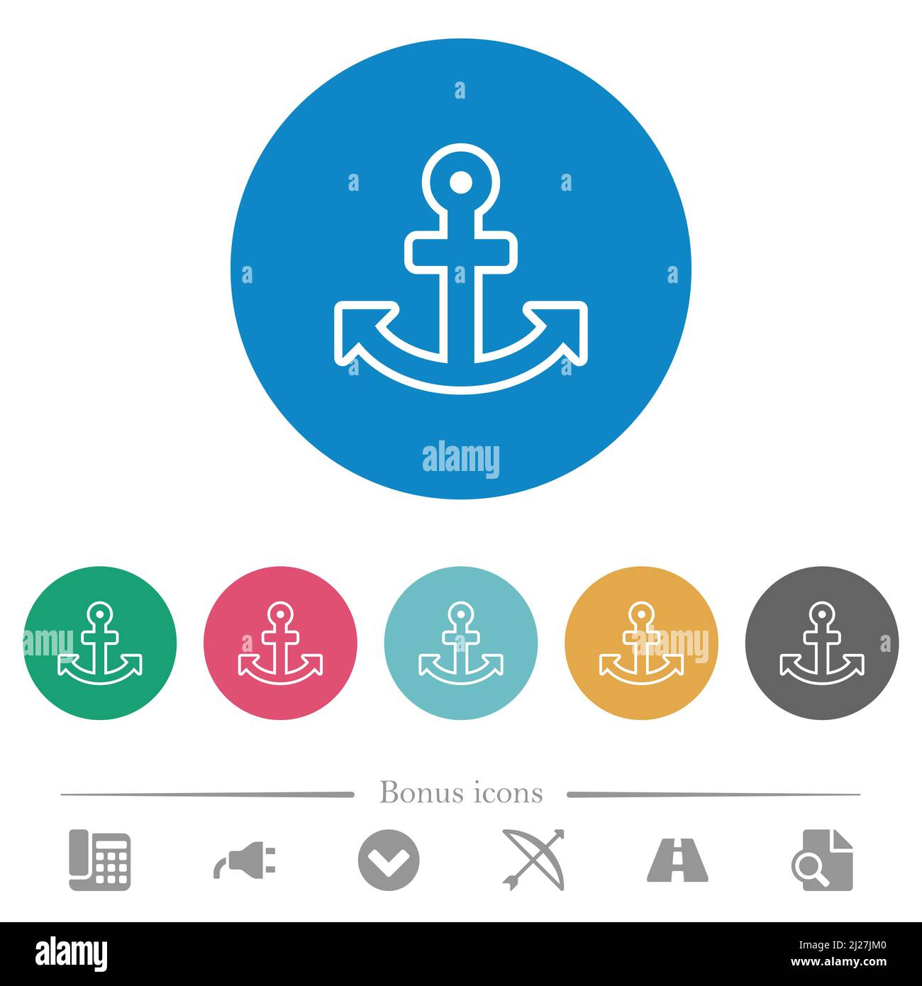 Anchor outline flat white icons on round color backgrounds. 6 bonus ...