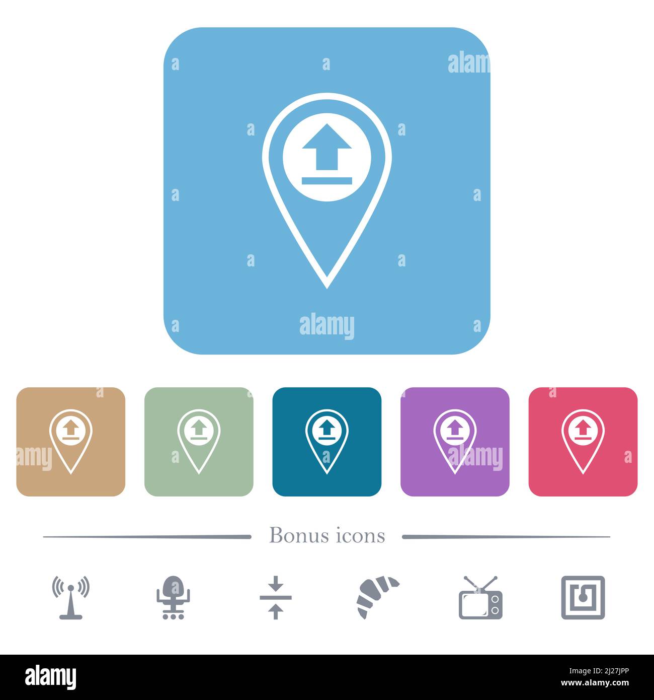 Upload GPS map location white flat icons on color rounded square ...