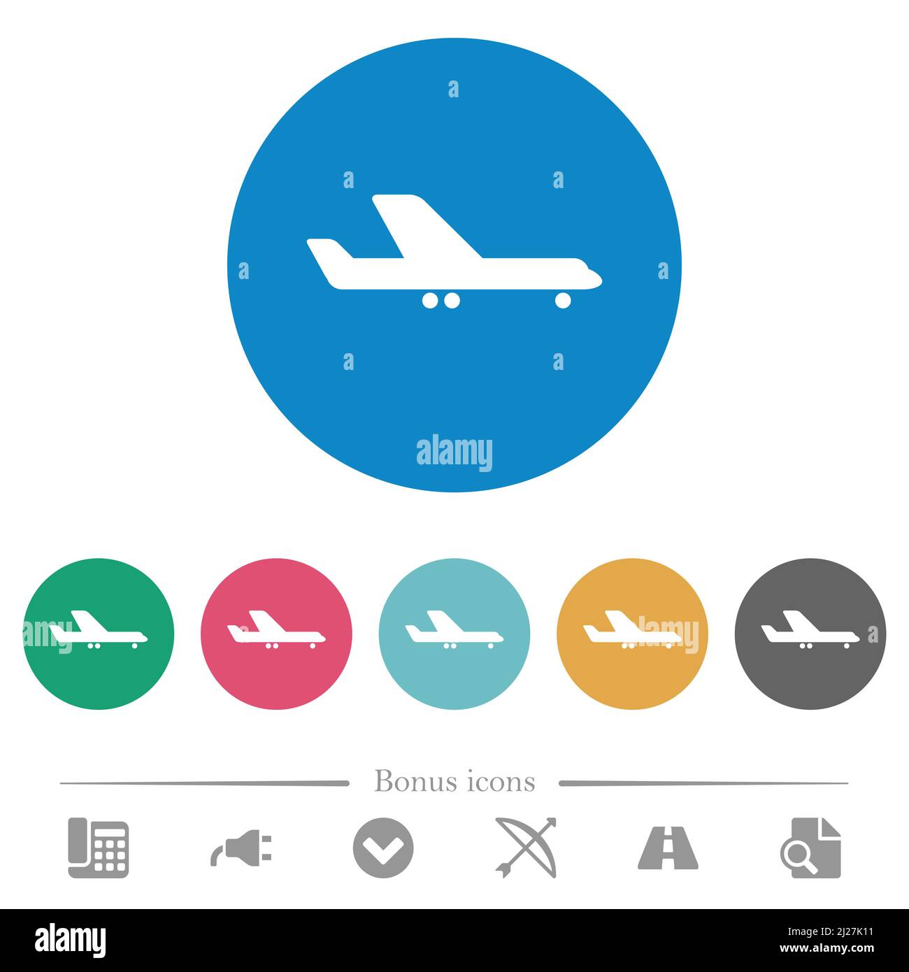 Airplane side view flat white icons on round color backgrounds. 6 bonus ...