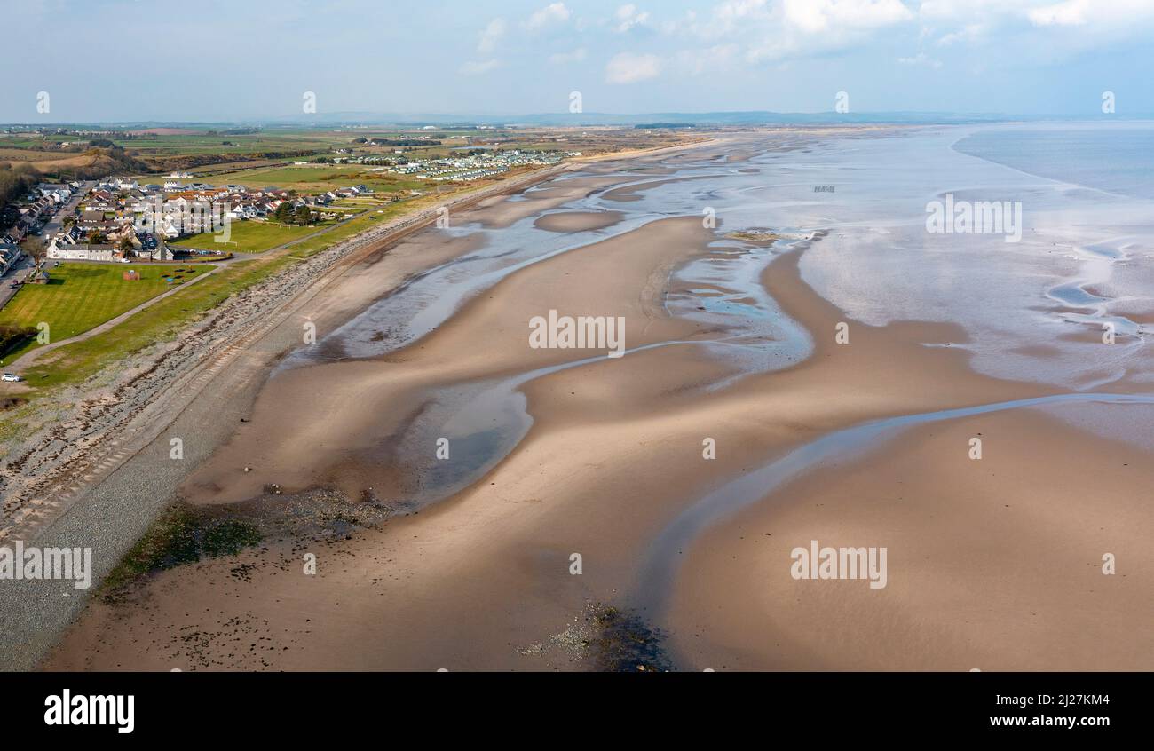 Aerial view from drone of village of Sandhead and Sands of Luce beach ...