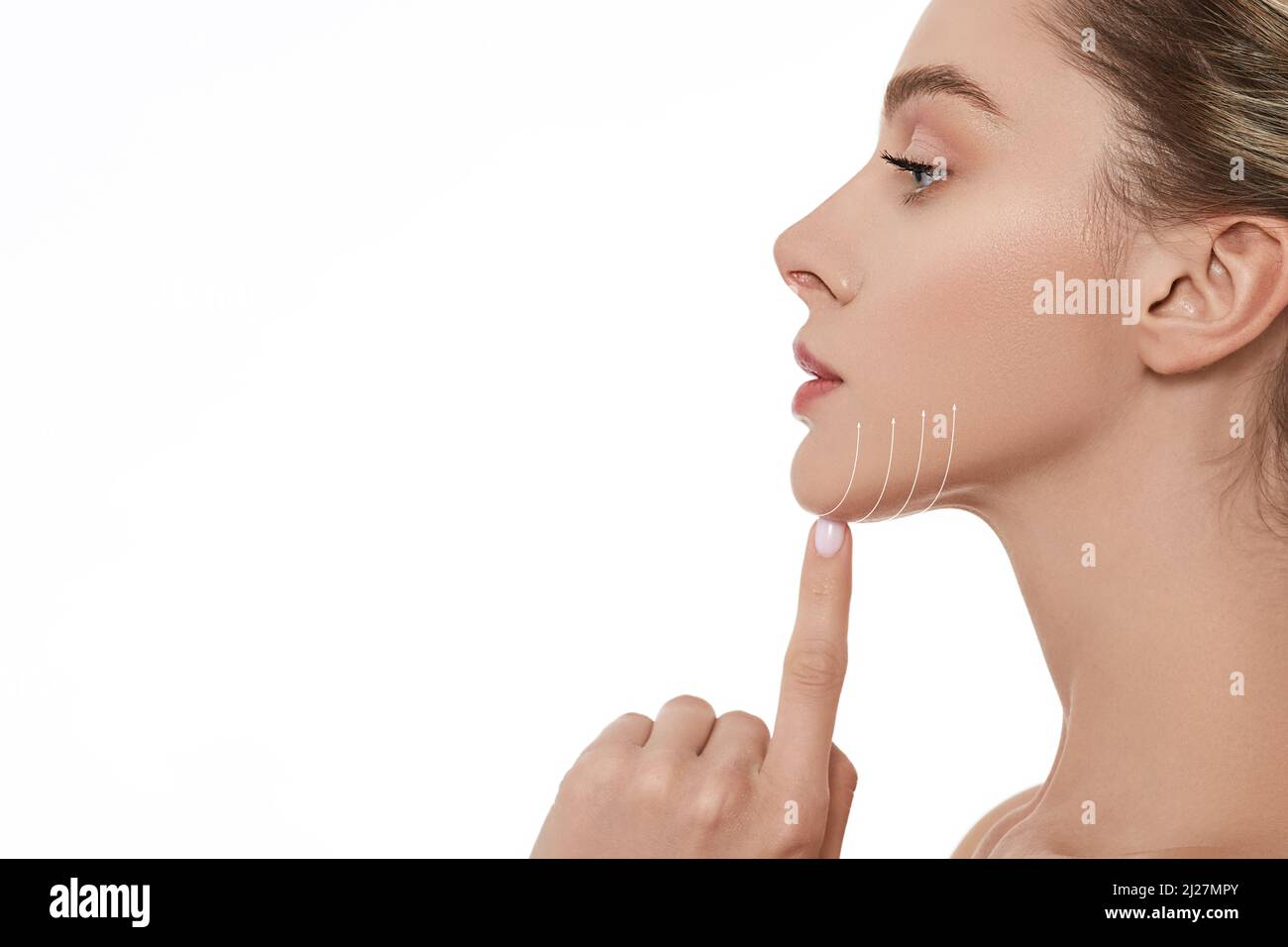 Beautiful woman with perfect skin with lifting arrows on chin line ...