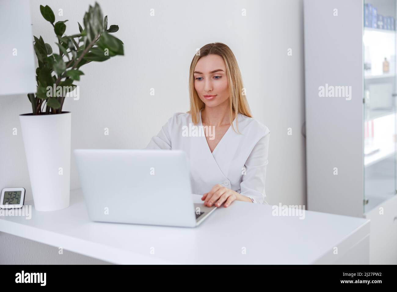Female beautician using laptop in beauty salon Stock Photo - Alamy