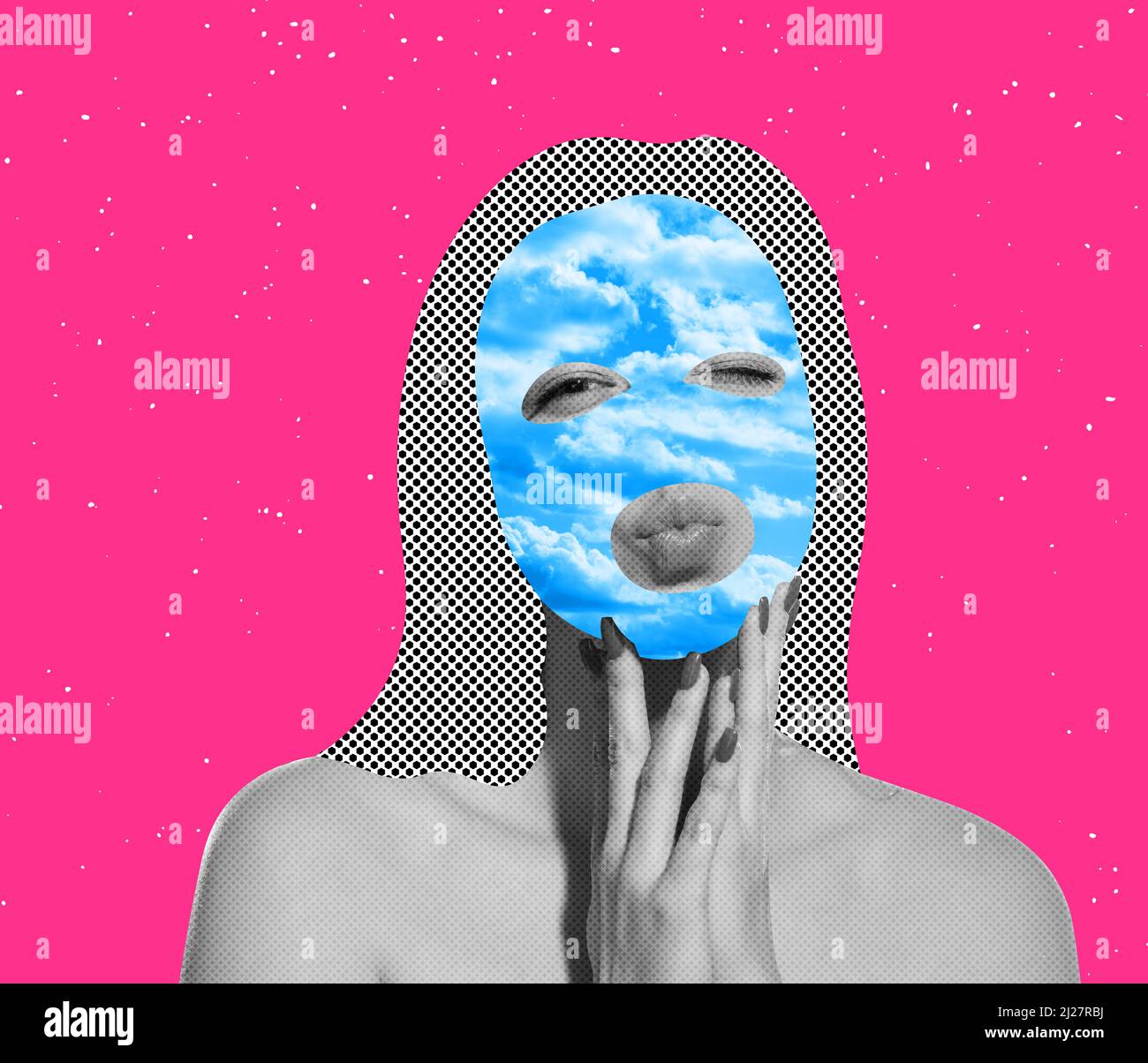 Contemporary art collage. Young woman with drawn hair and cloud image ...