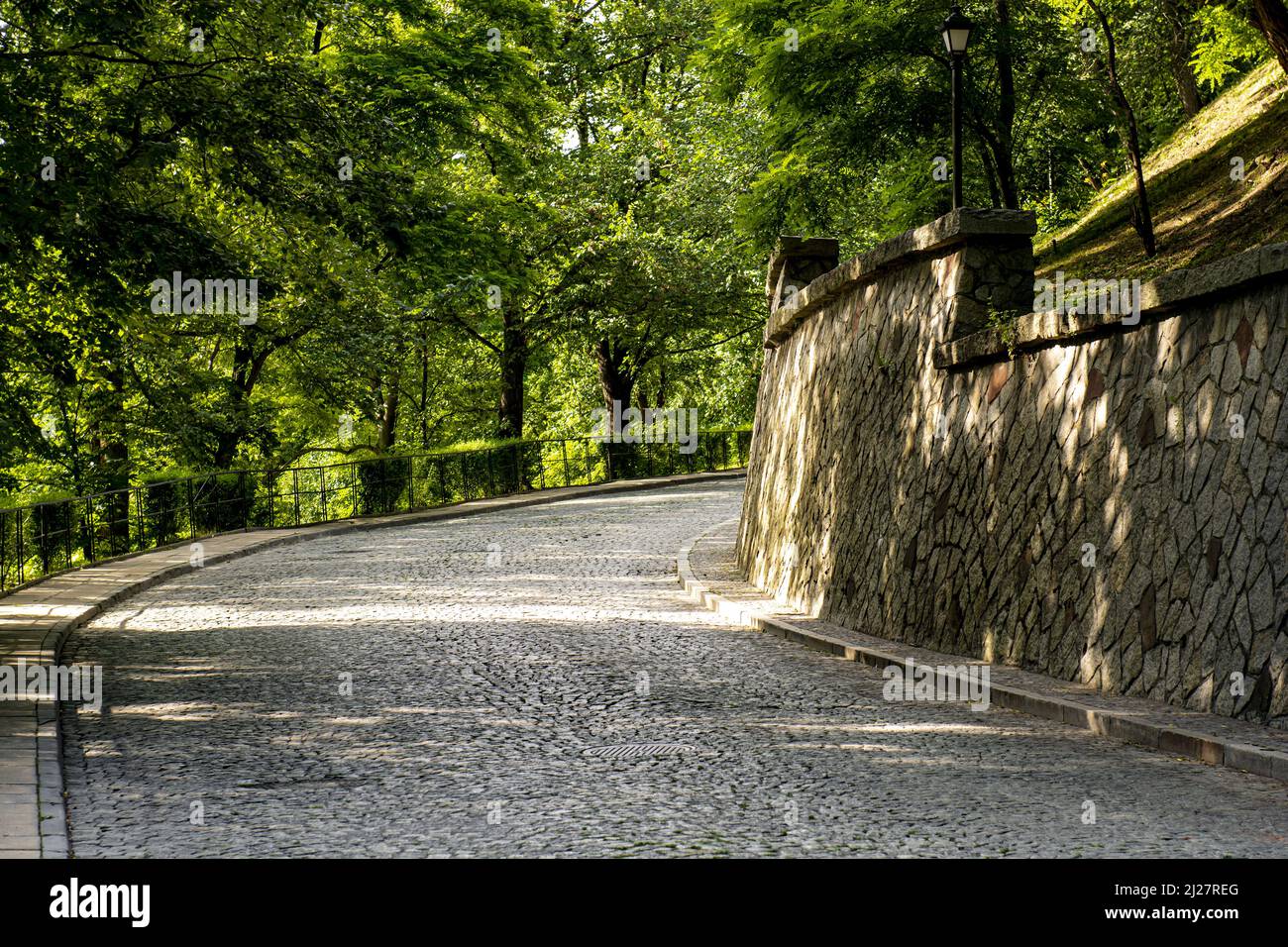 A cobblestone walking trail through a green forest Stock Photo - Alamy