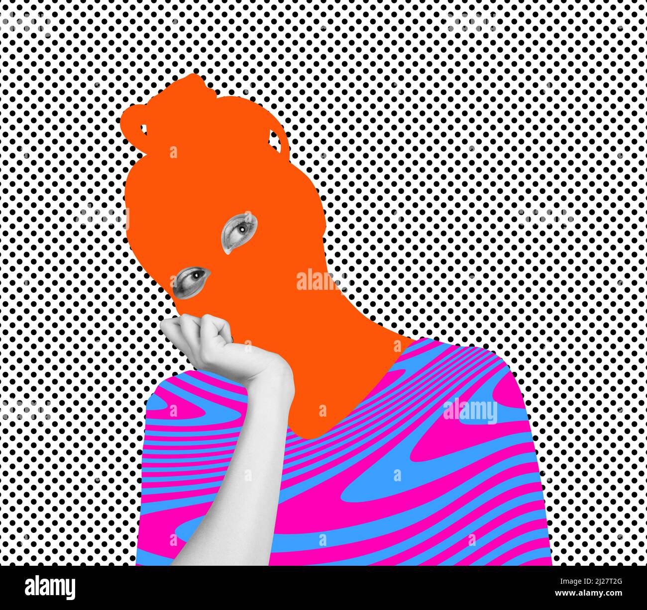 Contemporary art collage. Young woman with drawn balaclava on face ...