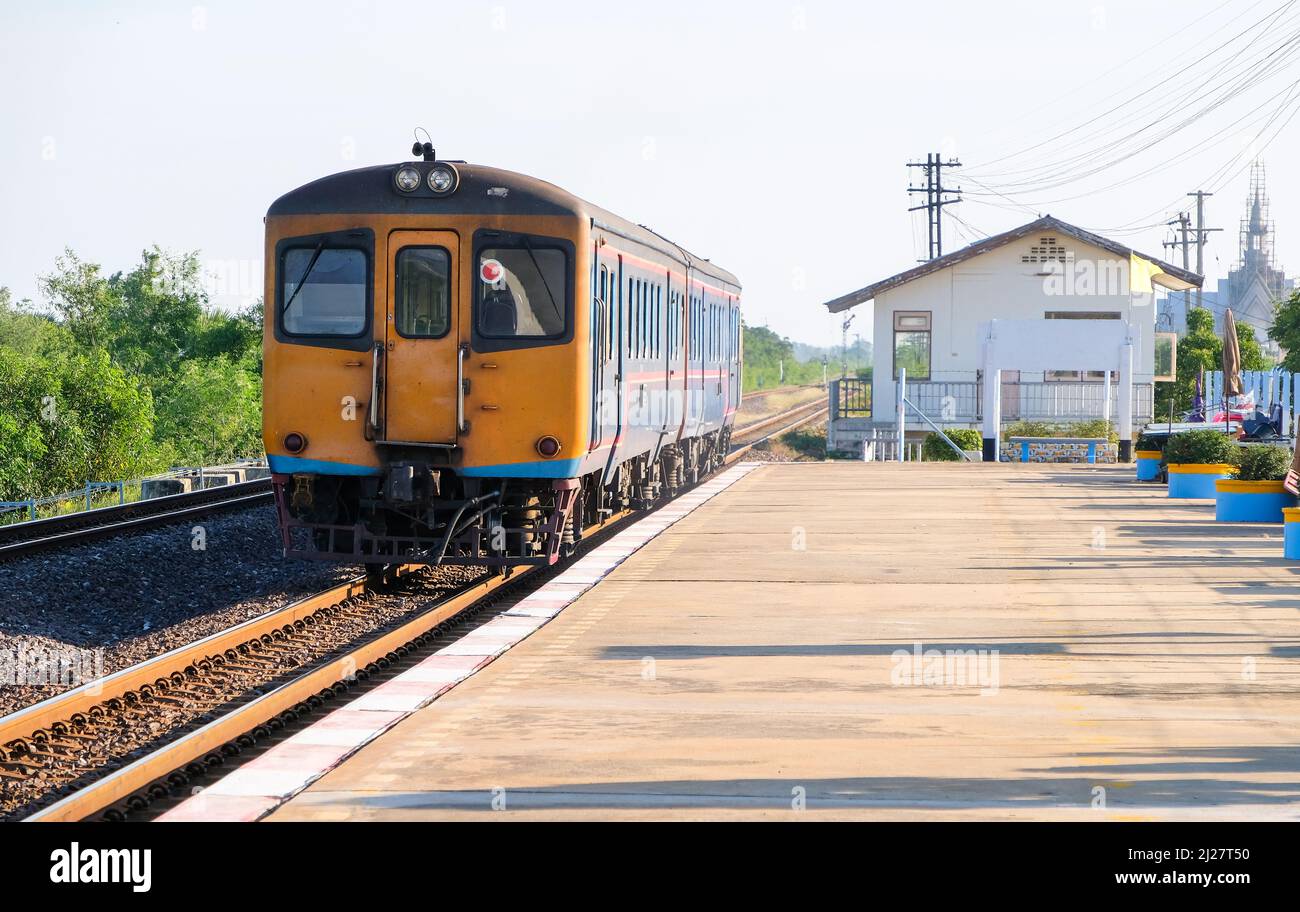 The rear side of the old diesel multiple units of the local train ...