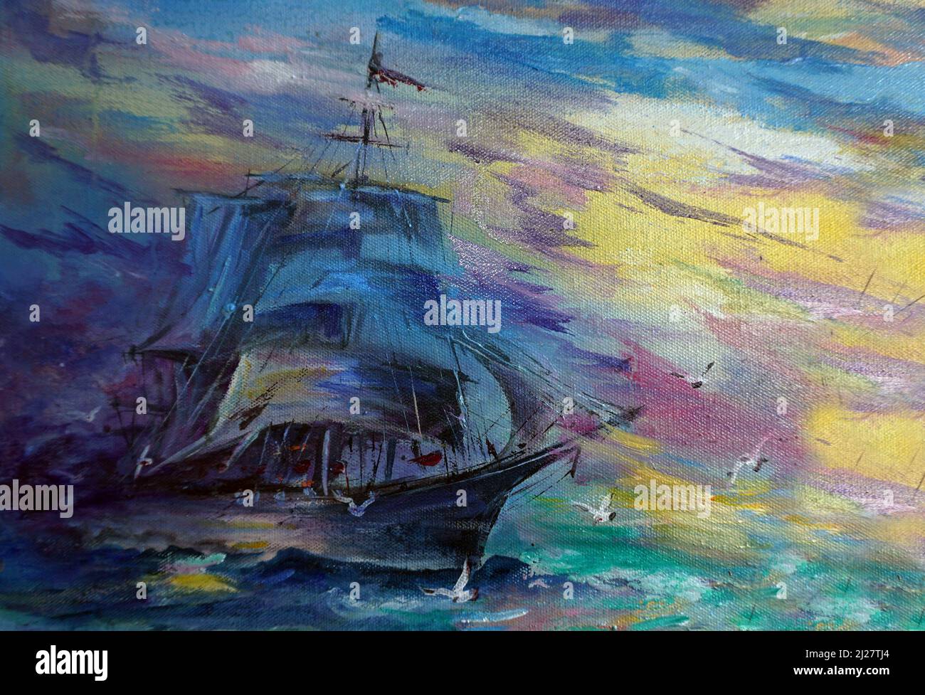 Art painting oil color sailboat , barque lucky , auspicious , fortune ...
