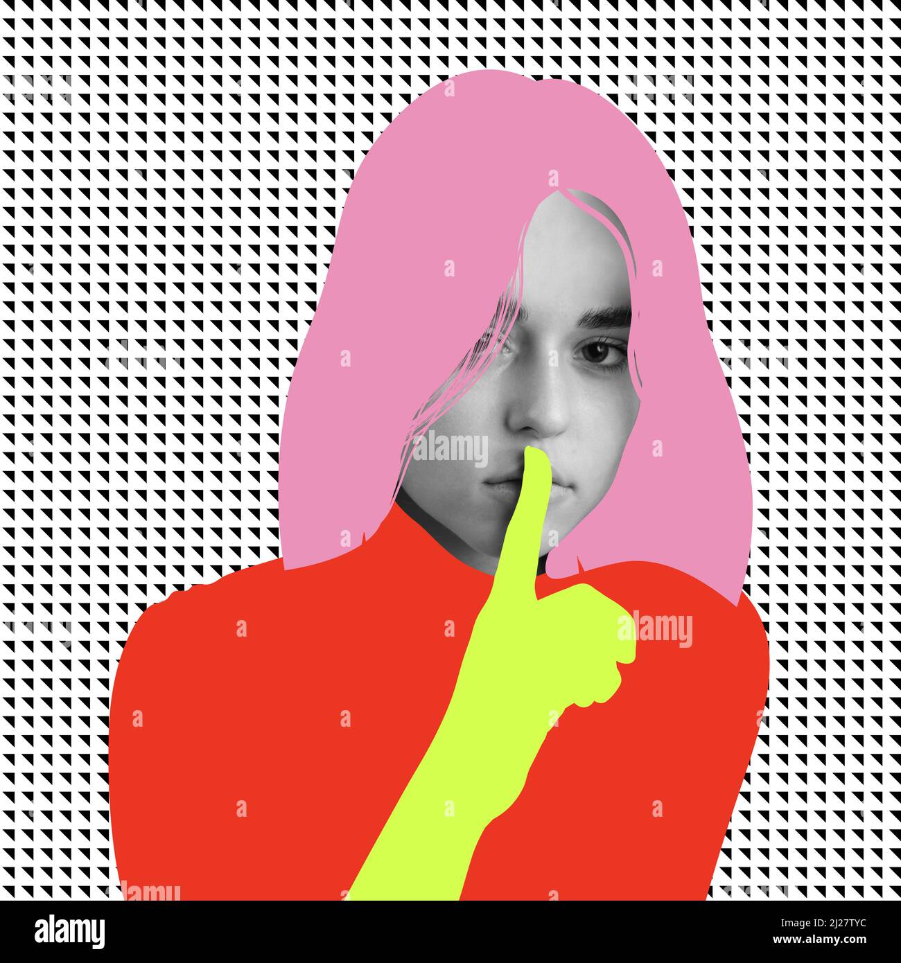 Contemporary art collage. Young beautiful woman with drawn elements of ...