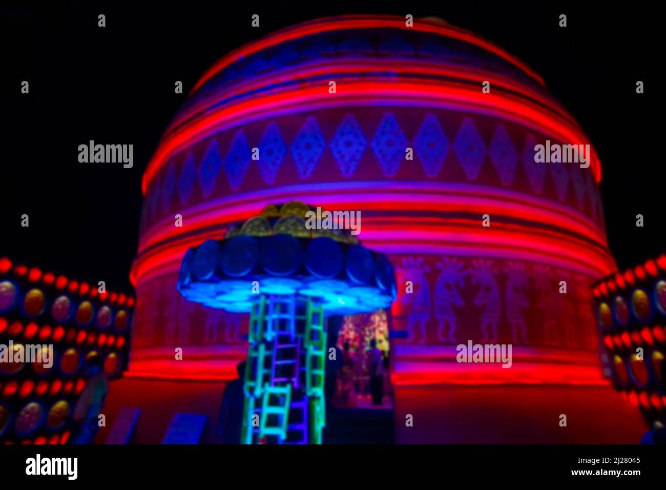Blurred image of Howrah, West Bengal, India. View of decorated Durga ...