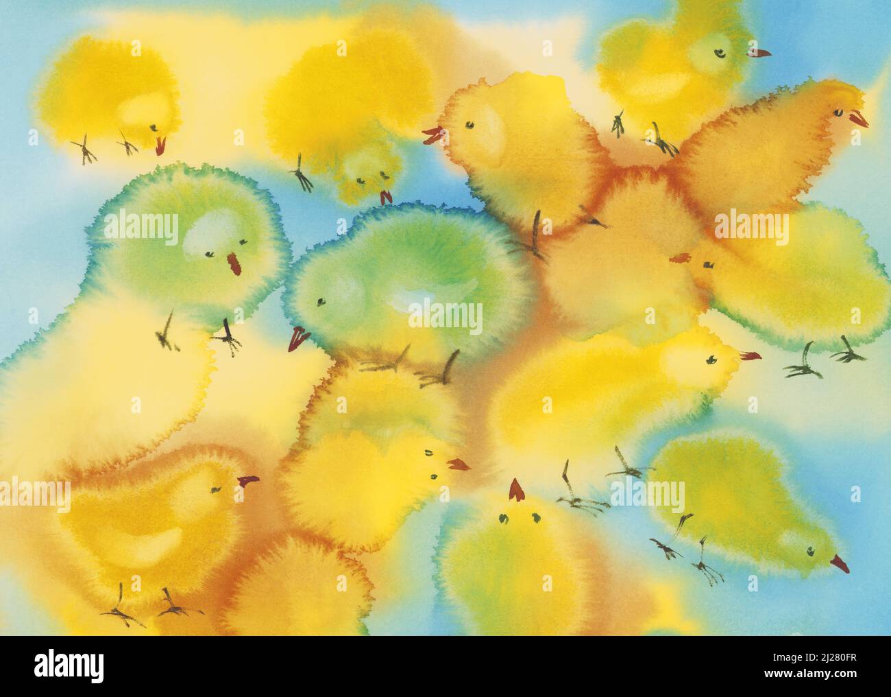 Yellow chickens on a blue watercolor background Stock Photo - Alamy
