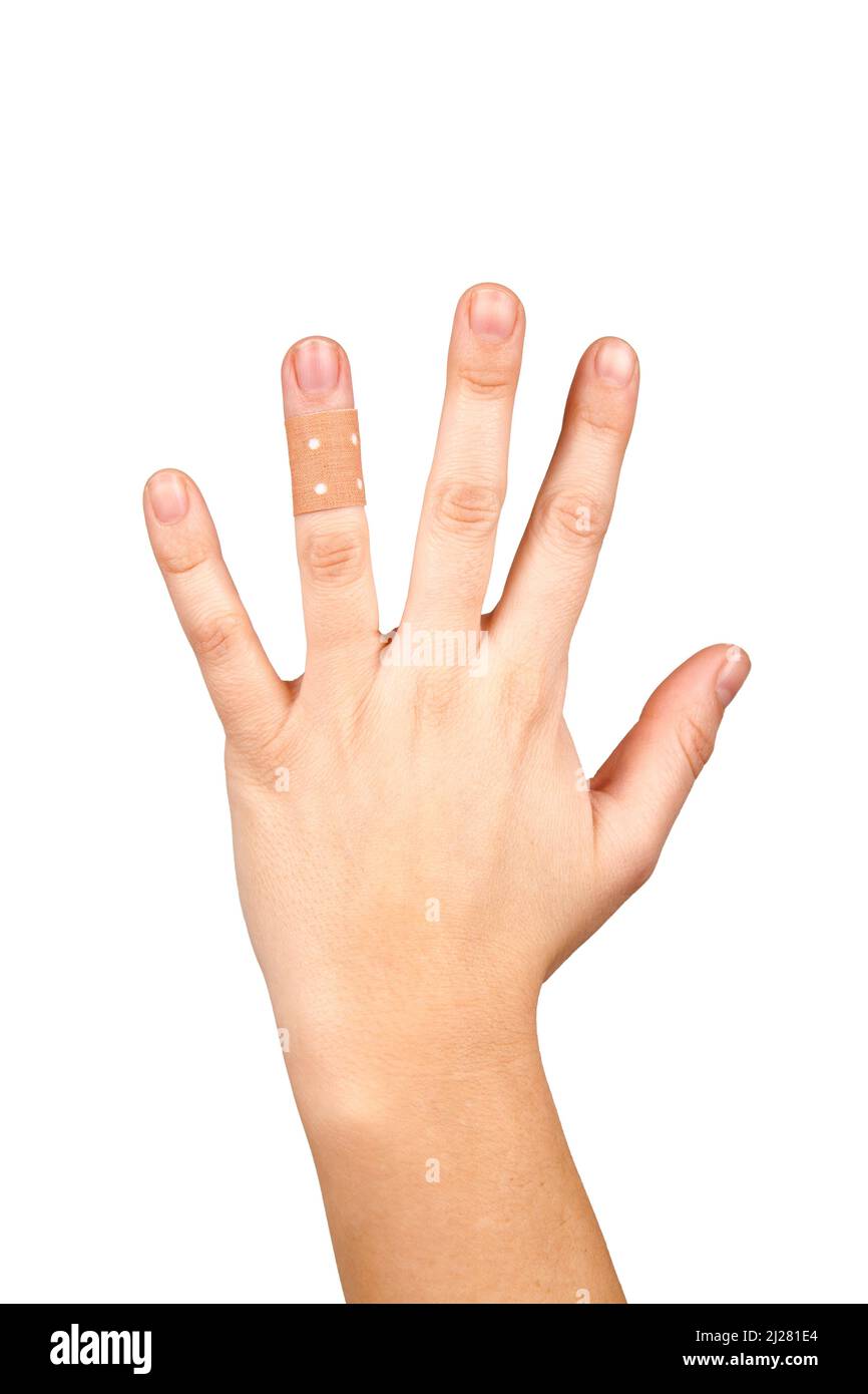 A closeup of a human ring finger tied with a bandage on a white ...